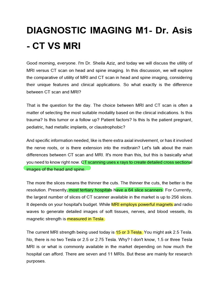 Diagnostic Imaging M1 - CT VS Mri 2 | PDF