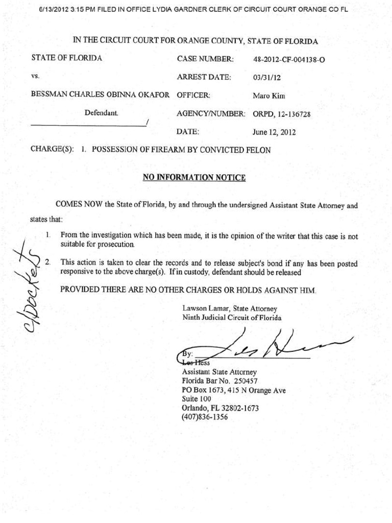 Bessman Okafor Dismissal of Gun Charge | PDF