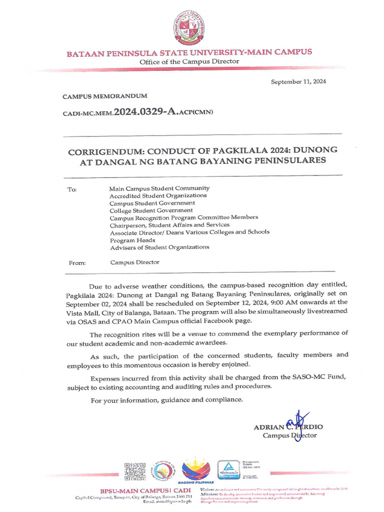 CADI MEM 2024.0329 A Corrigendum Conduct of Pagkilala 2024 Dunong at Dangal NG Batang Bayaning ...