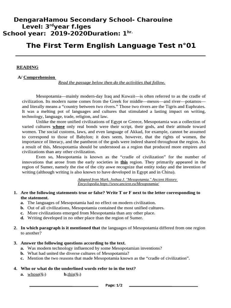 A Test On Mesopotamia | PDF