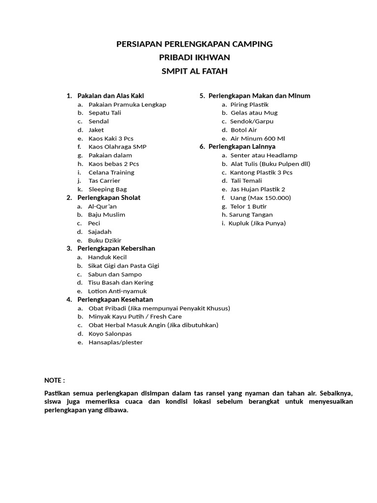 Persiapan Perlengkapan Camping | PDF