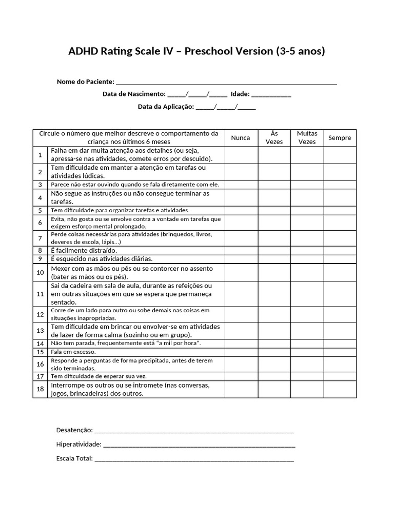 Escala - SNAP-IV (Pré Escolar) | PDF