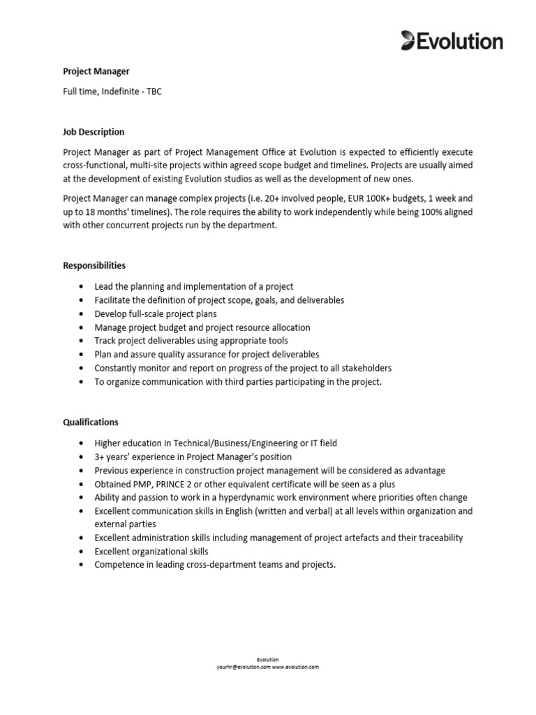 Evolution -JD - Project Manager (003)-1 | PDF