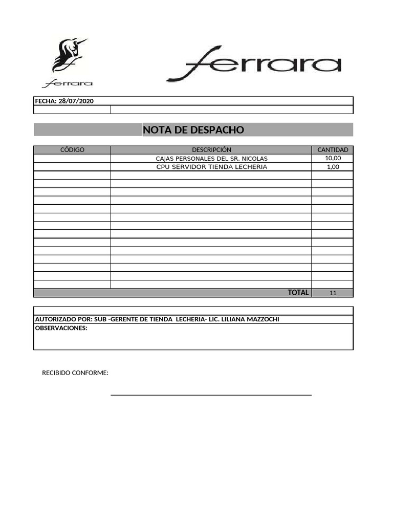 NOTA DE DESPACHO | PDF