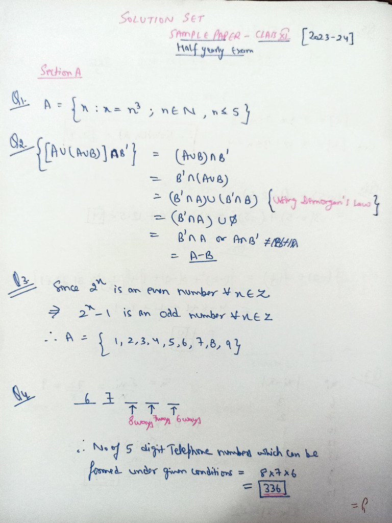 Class 11 Half Yearly Sample Paper Solution | PDF