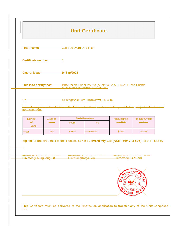 Units Certificates - Zen Boulevard Unit Trust v7.0 | PDF