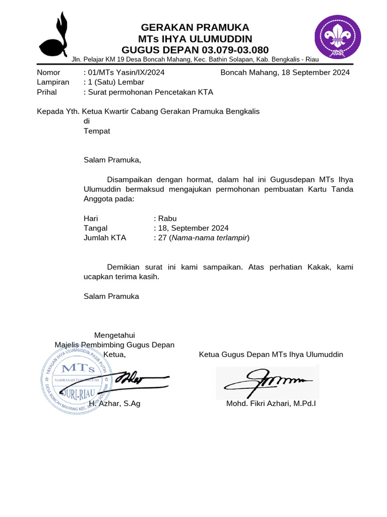 Contoh Surat Permohonan KTA | PDF