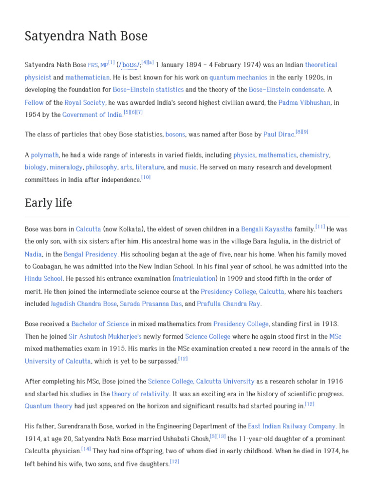 Satyendra Nath Bose - Wikipedia | PDF