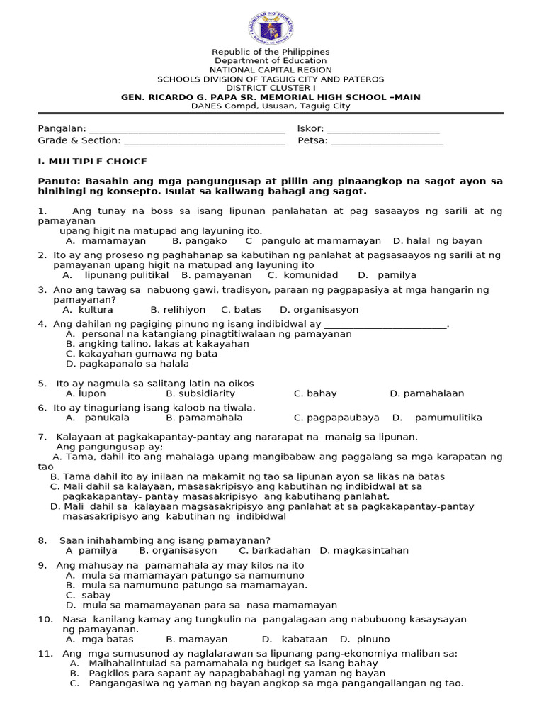 Grade 9 - 1st Quarter Test With TOS Answer Key | PDF