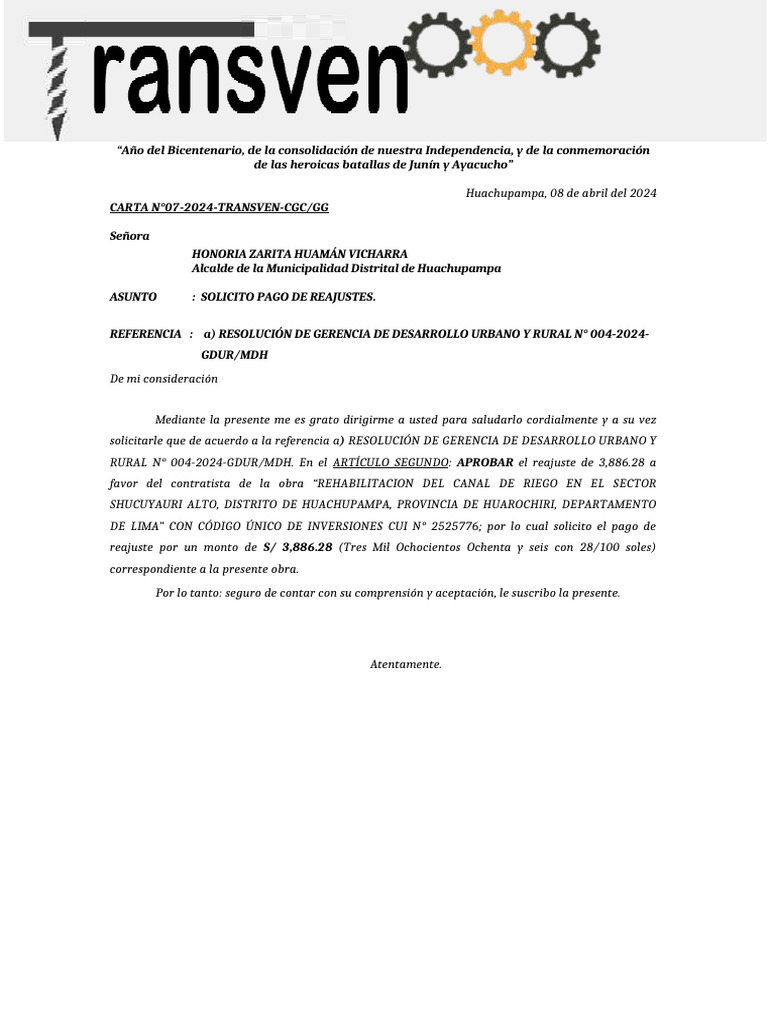 Carta Transven Dral Yauyos 2024 | PDF