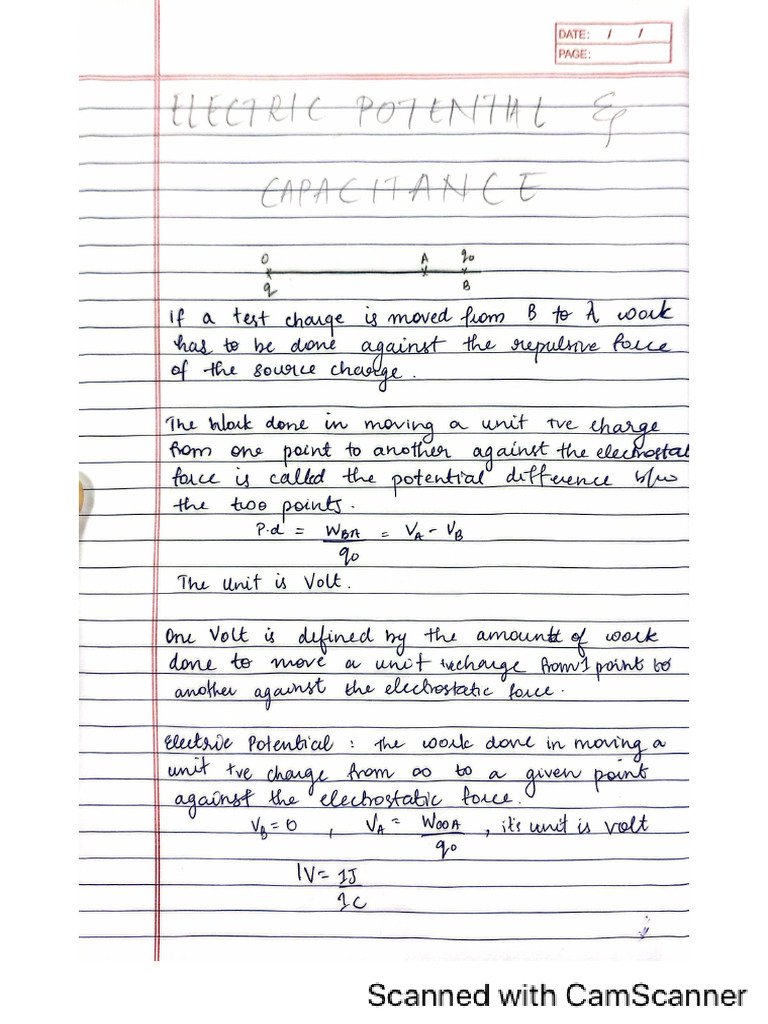 Electric Potential and Capacitance Notes | PDF