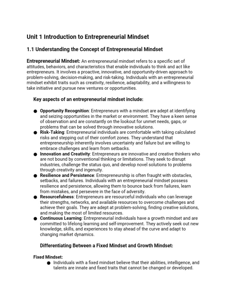 Notes Entrepreneurial Mindset Unit1 & 2 | PDF
