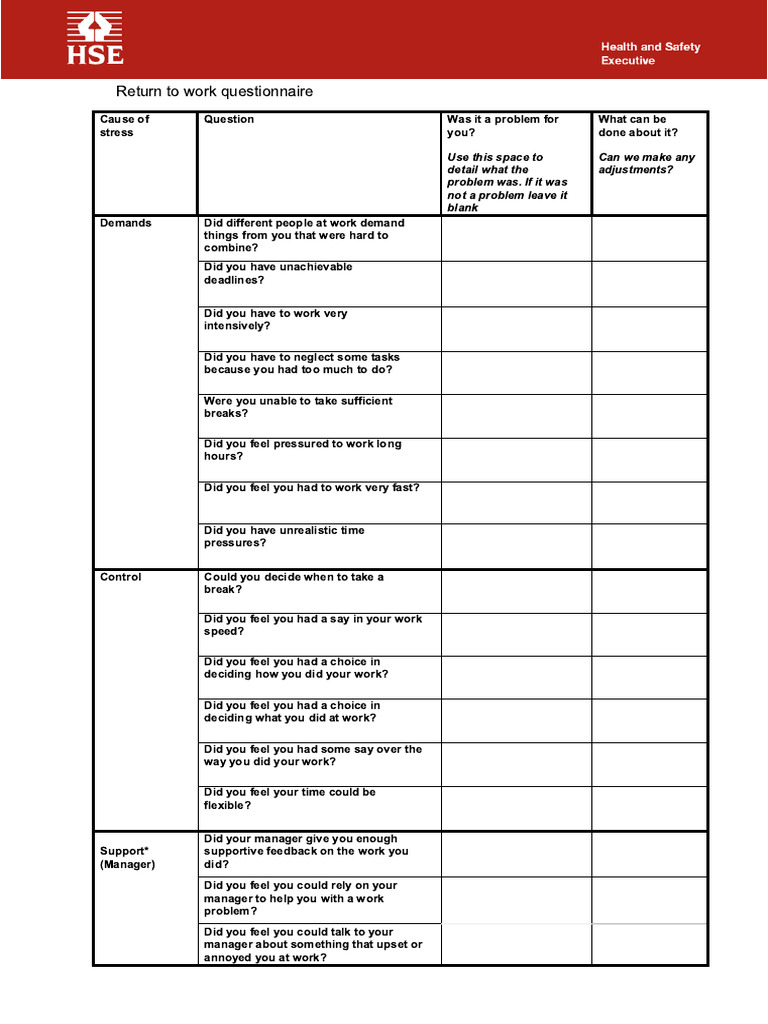 Return To Work Questionnaire | PDF