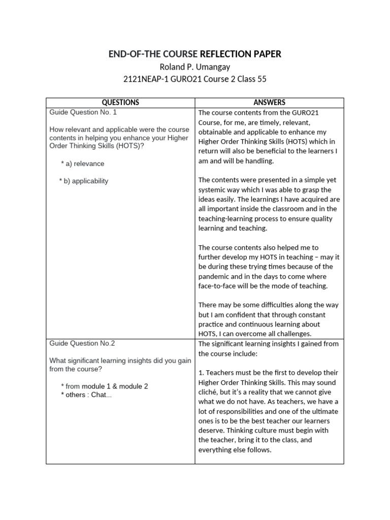 End - Of-The Course Reflection Paper | PDF | Teachers | Learning