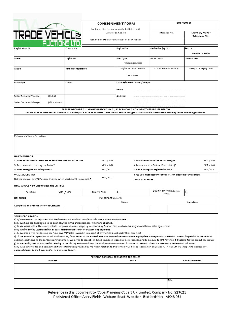 Vehicle Consignment Form Sell A Used or Salvage Vehicle v2 | PDF