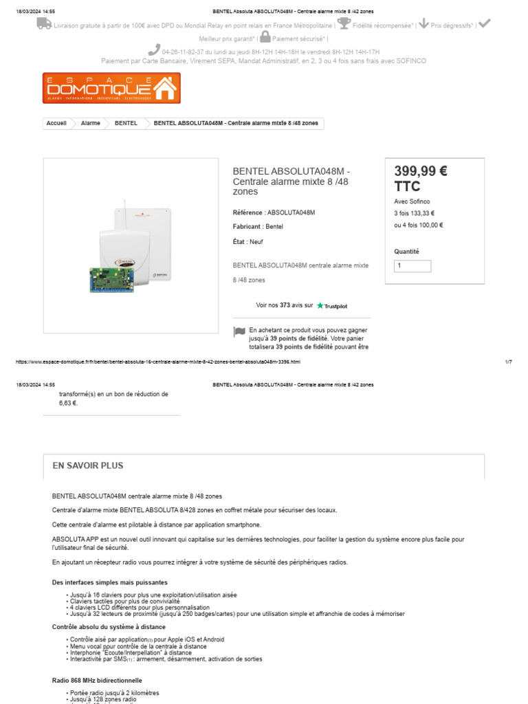 BENTEL Absoluta ABSOLUTA048M - Centrale Alarme Mixte 8 - 42 Zones | PDF