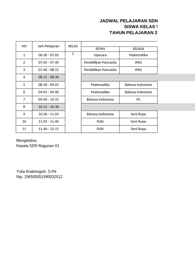 Jadwal Pelajaran Kelas 5 | PDF