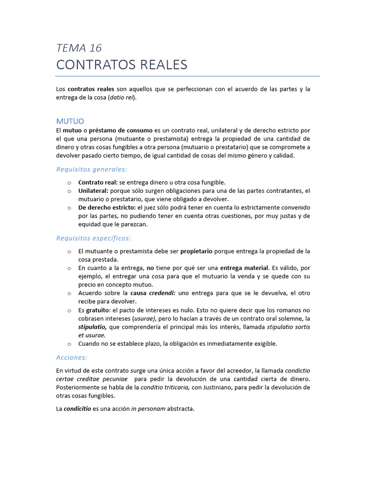 Contratos Reales: Mutuo, Comodato y Depósito | PDF | Consentimiento ...