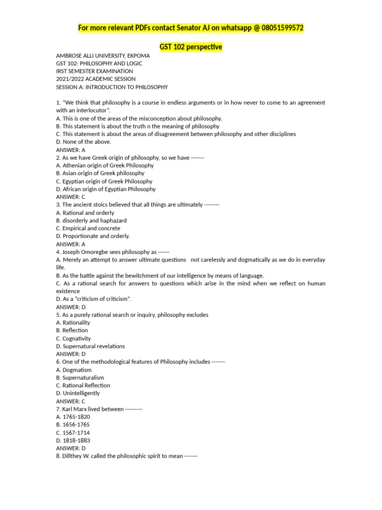 GST 102 Philosophy Section | PDF | Metaphysics | Materialism