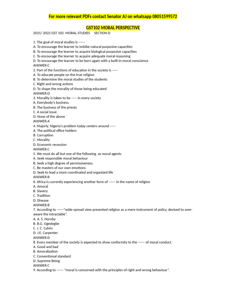 GST 102 Moral Studies Section | PDF