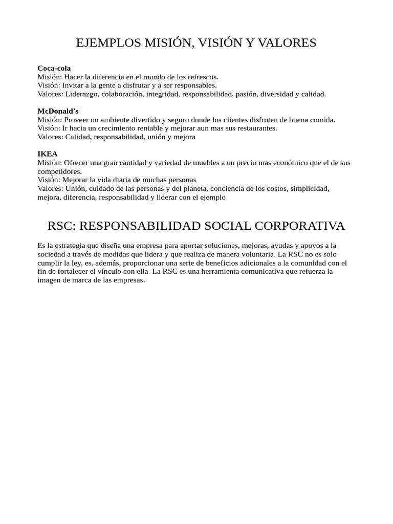 Ejemplos Misión, Visión, Valores y Definición RSC | PDF