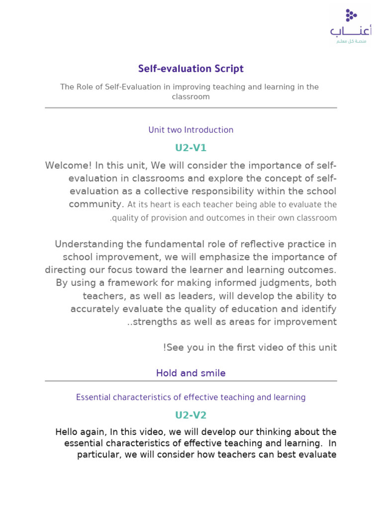 Self-Evaluation Script Unit 2 After Edit | PDF | Learning | Teachers
