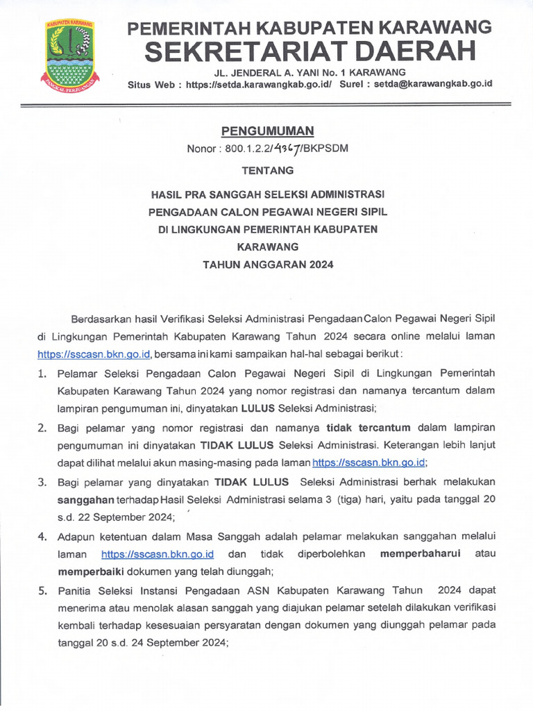 Pengumuman Hasil Pra Sanggah Seleksi Adm Pengadaan Cpns Ta 2024 ... Pengumuman Hasil Pra Sanggah Seleksi Adm Pengadaan Cpns Ta 2024 ...