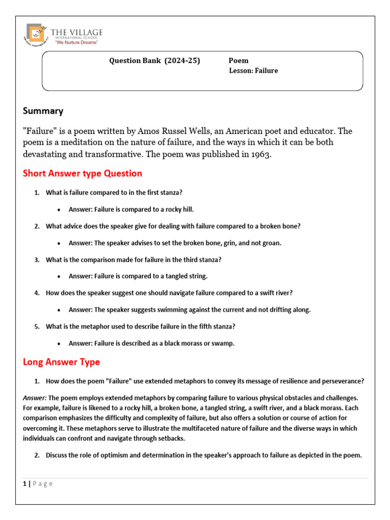 Class 8 Question Bank Eng Poem Failure | PDF