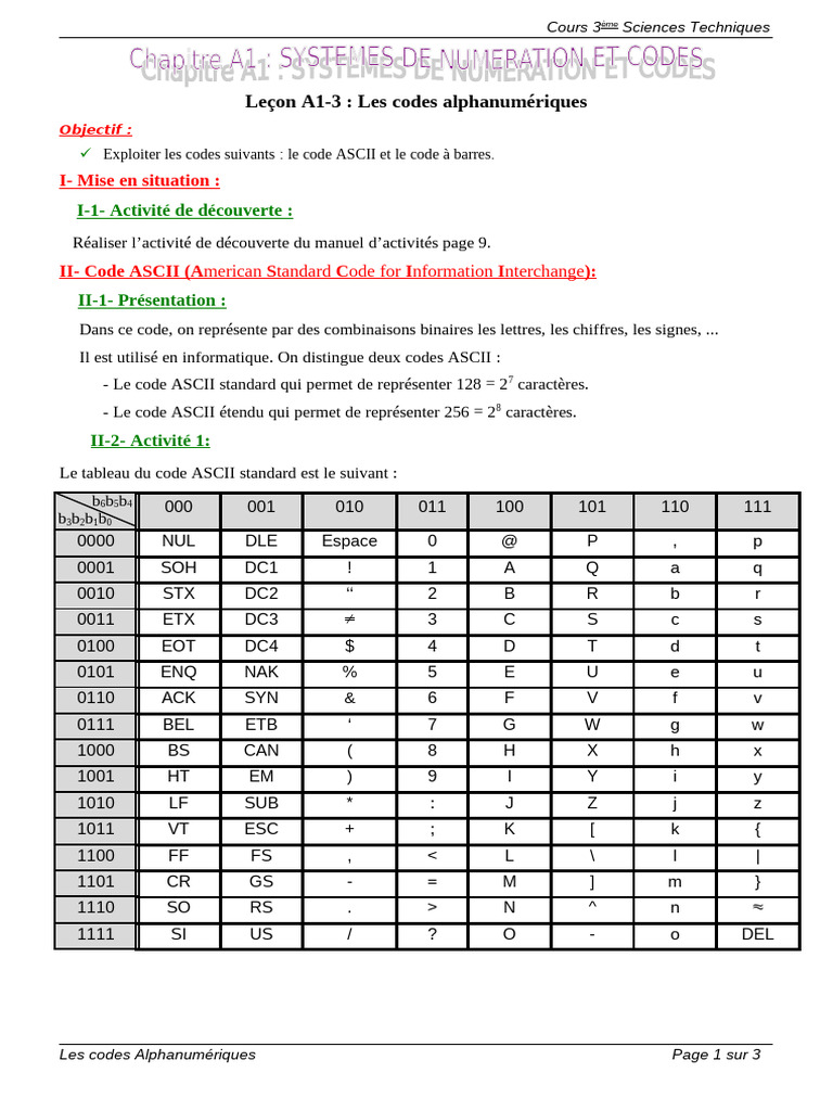 Leçon 2 Les Codes Alphanumériques | PDF