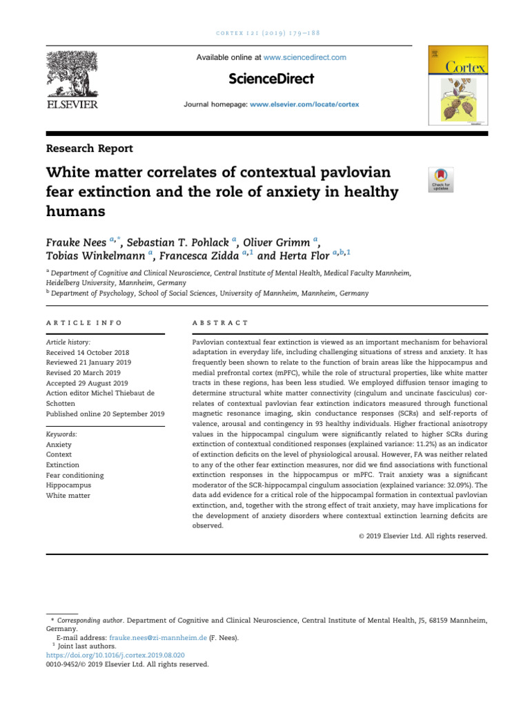 White Matter Correlates of Contextual Pavlovian Fear Extinction and The ...