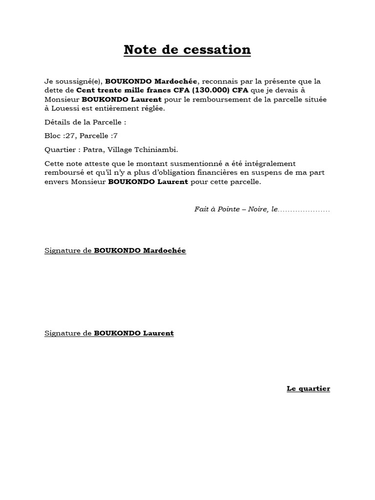 Note de Cessation | PDF
