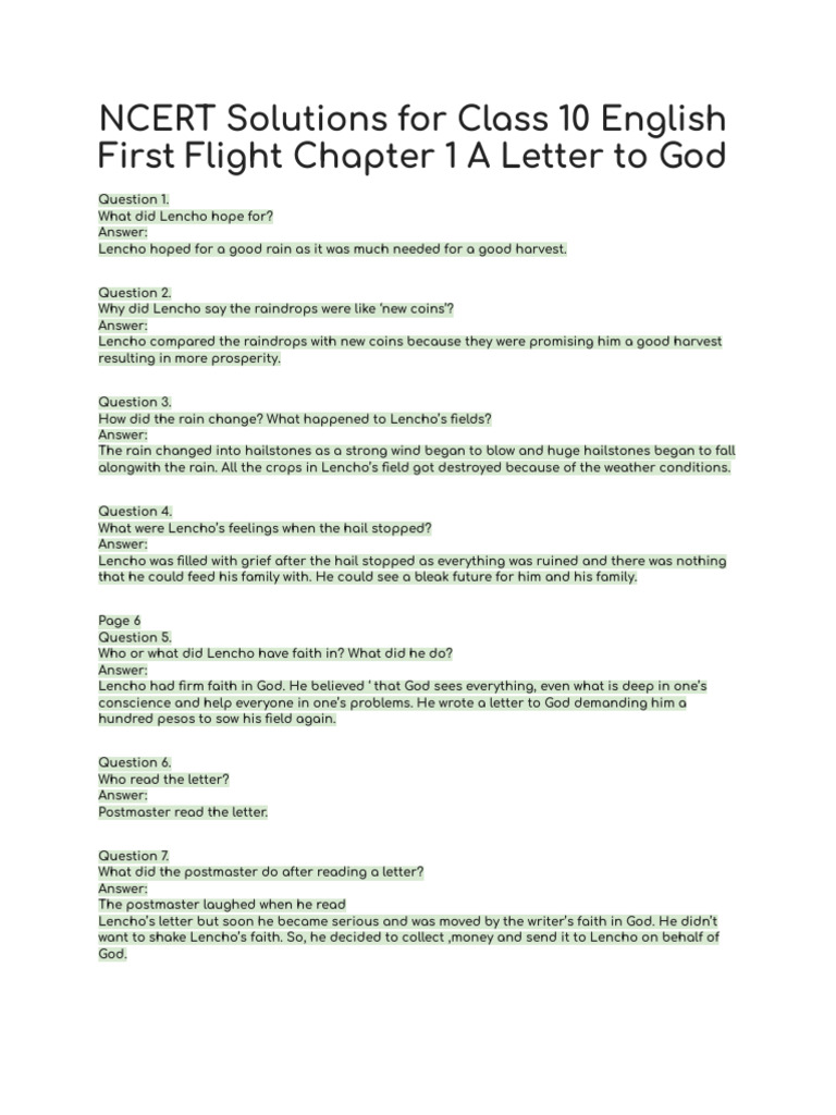 NCERT Solutions For Class 10 English First Flight Chapter 1 A Letter To God | PDF