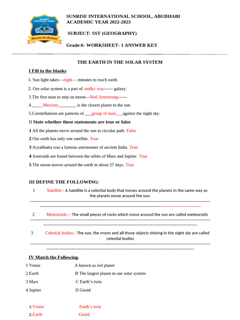 Worksheet Grade 6 - The Earth in The Solar System - Answer Key | PDF