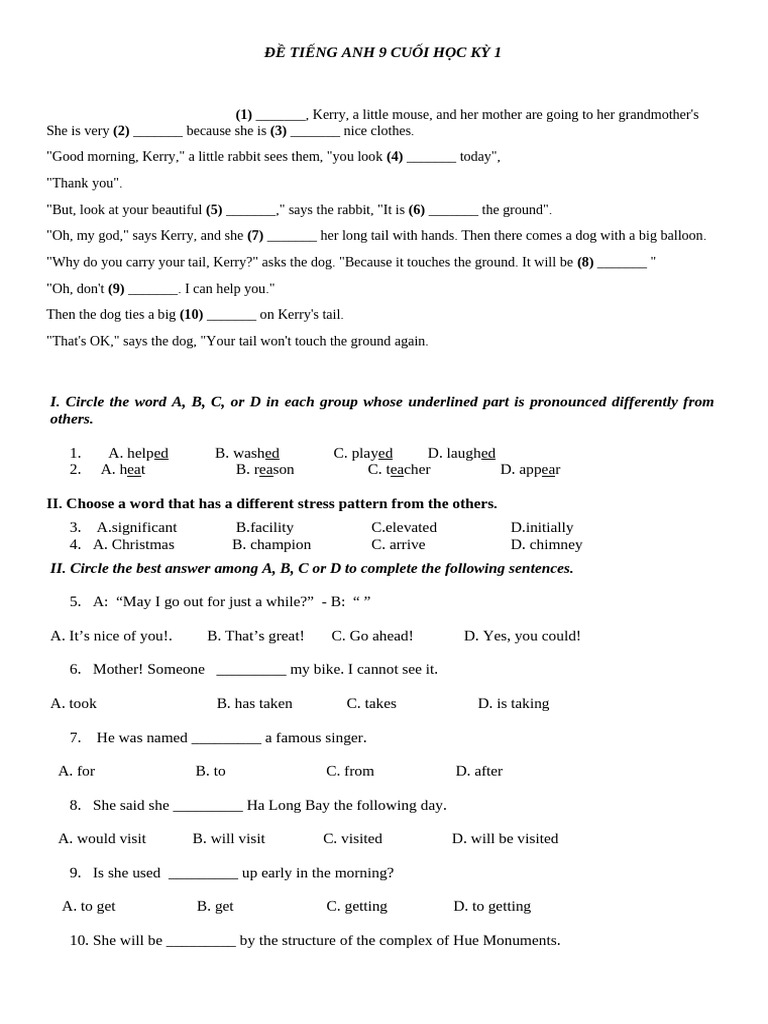 Đề Anh 9 cuối kỳ 1 | PDF