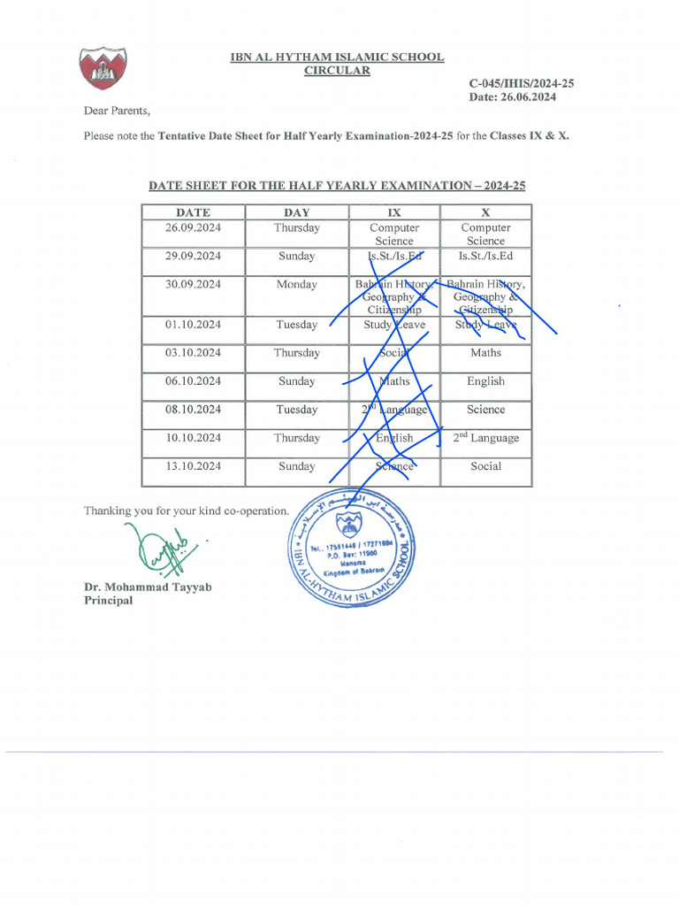 Class-X-Half Yearly Examination-Tentative Date Sheet | PDF