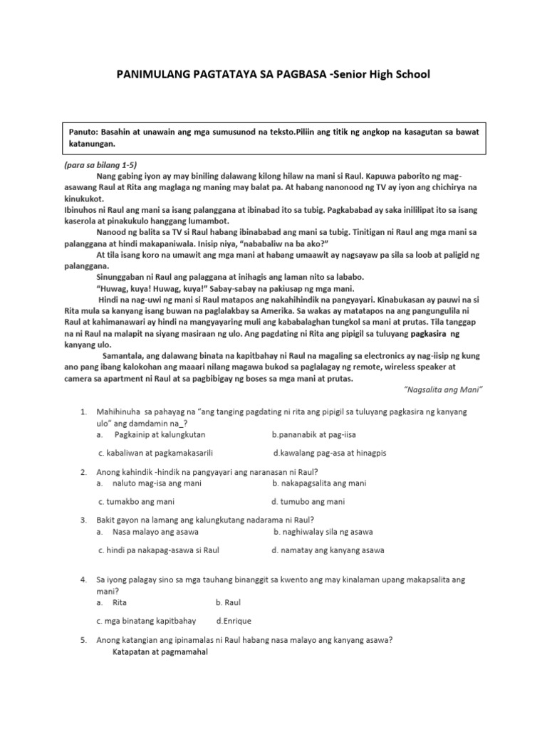 Panimulang Pagtataya Sa Pagbasa | PDF