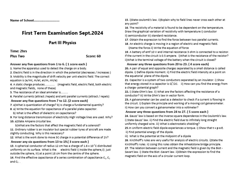 HSSTA Hsslive XII Physics 01 (English) | PDF