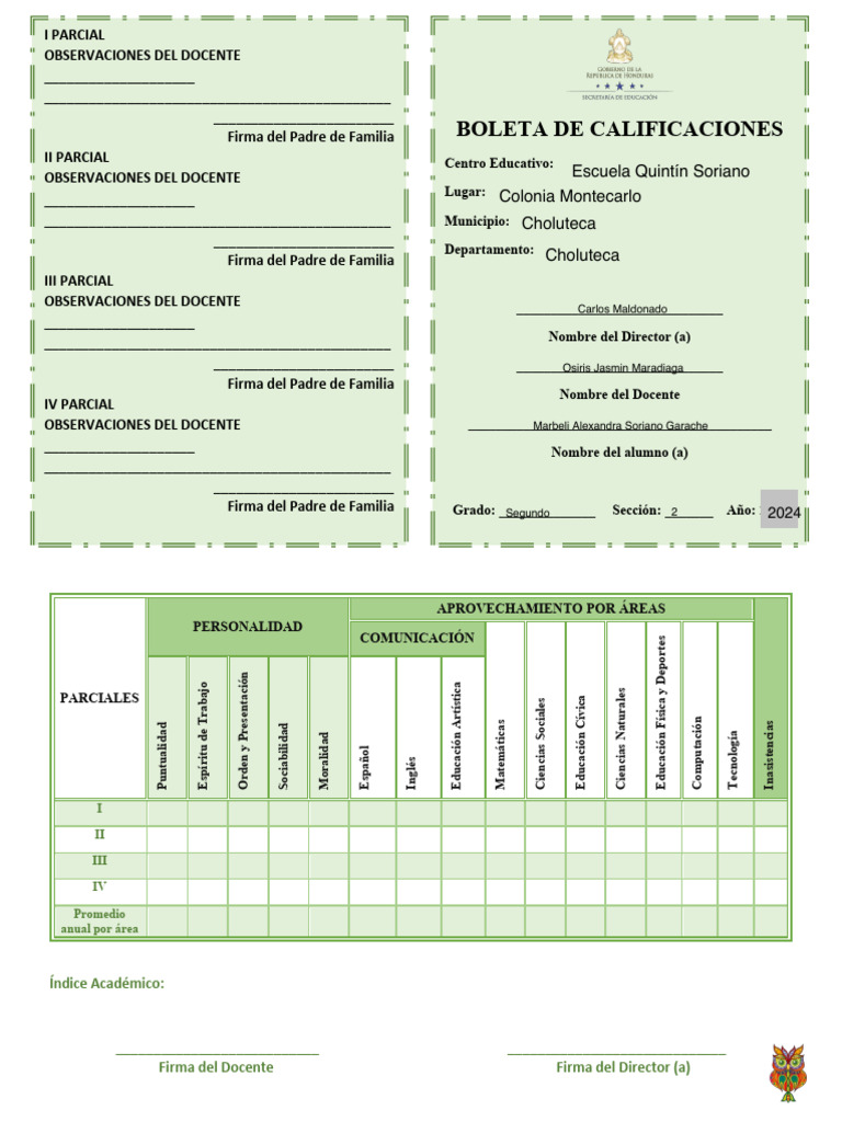 Boleta de Calificaciones Formato 1 | PDF