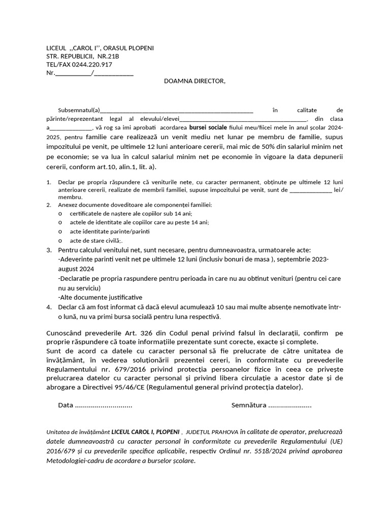 Cerere Bursa de Sociala Venit Mic-1 | PDF