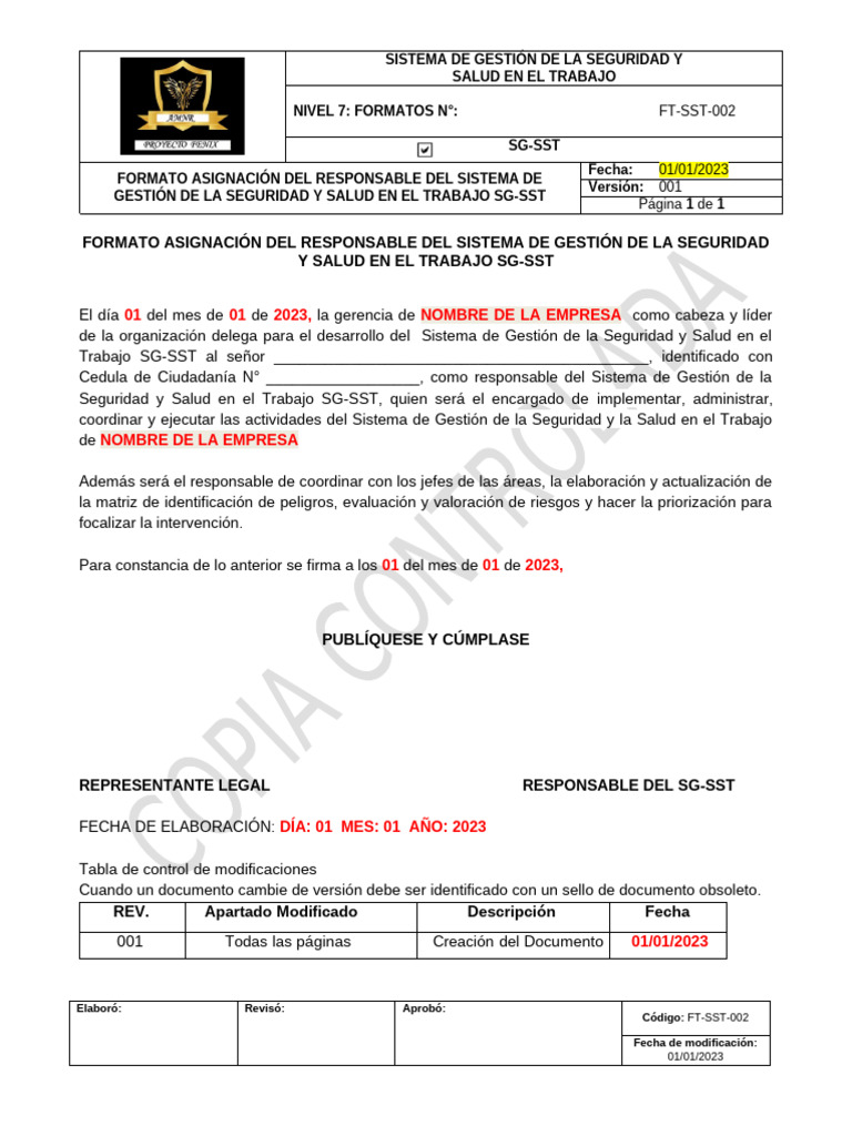 FT-SST-002 Formato Asignación Responsable Del SG-SST | PDF