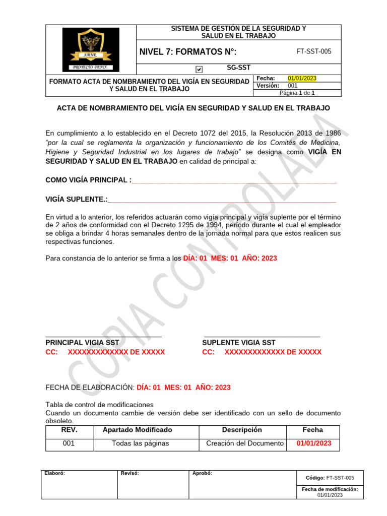 FT-SST-005 Formato Acta de Nombramiento Del Vigia en Seguridad y Salud en El Trabajo | PDF
