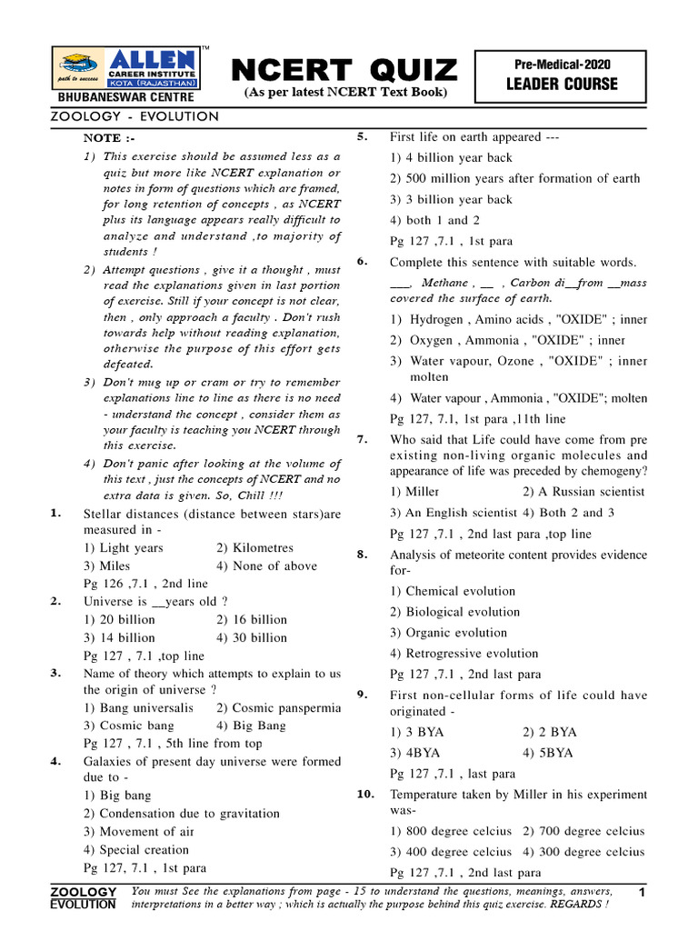 Ncert Quiz Evolution | PDF
