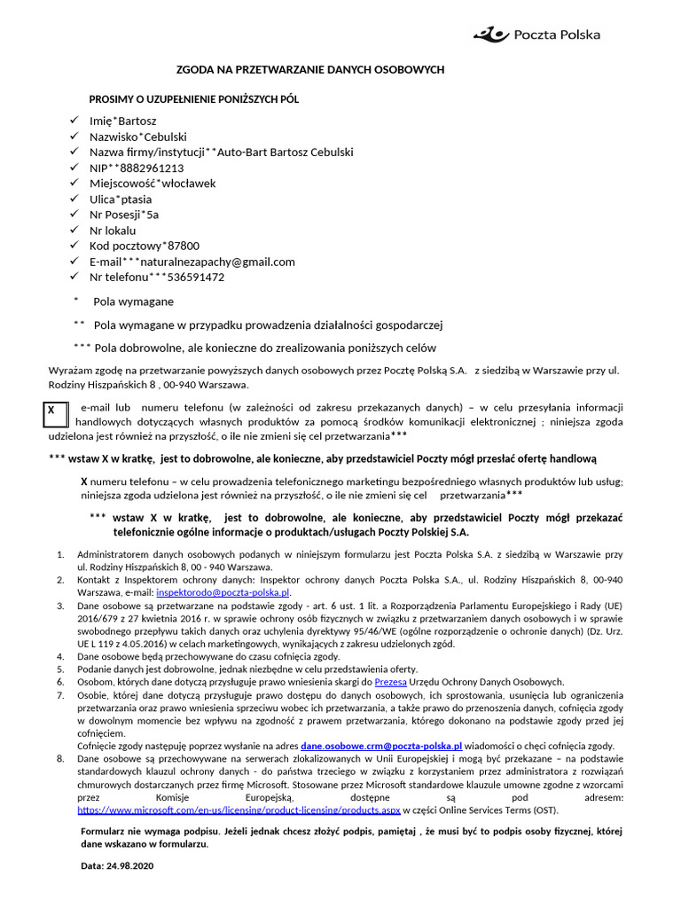 FORMULARZ ZGODY Na Przetwarzanie Danych Osobowych | PDF