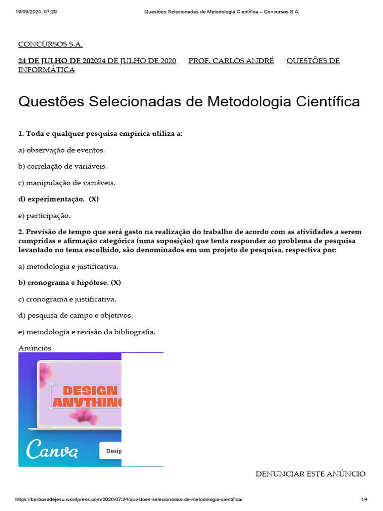Questões Selecionadas de Metodologia Científica - Concursos S.A | PDF | Science | Método científico