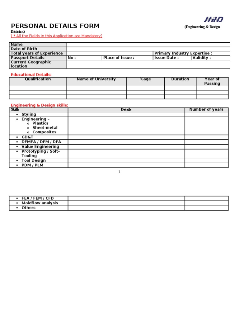 Personal Details Form: ( All The Fields in This Application Are ...