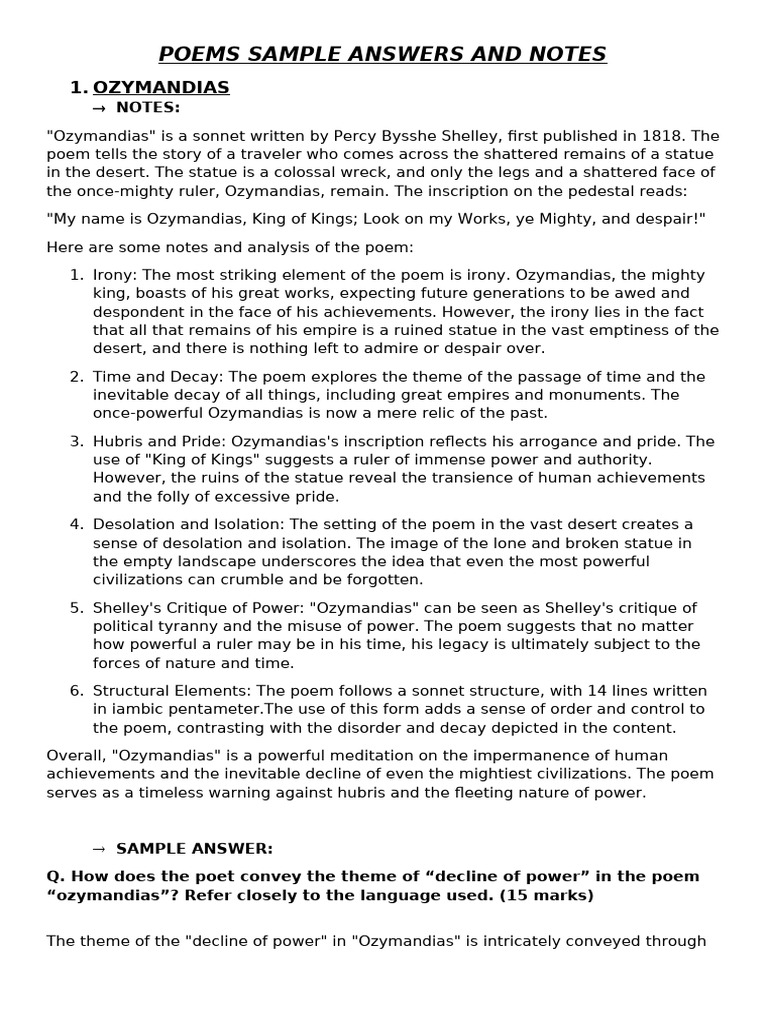 Poems Sample Answers and Notes | PDF