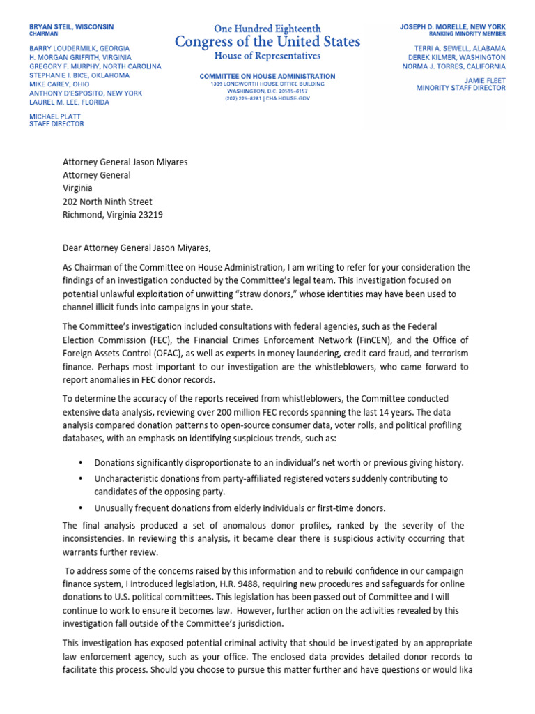 Correspondence From Chairman Bryan Steil To Attorney General Jason ...