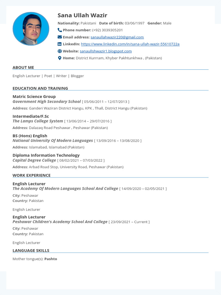 CV - Sana Ullah Wazir | PDF