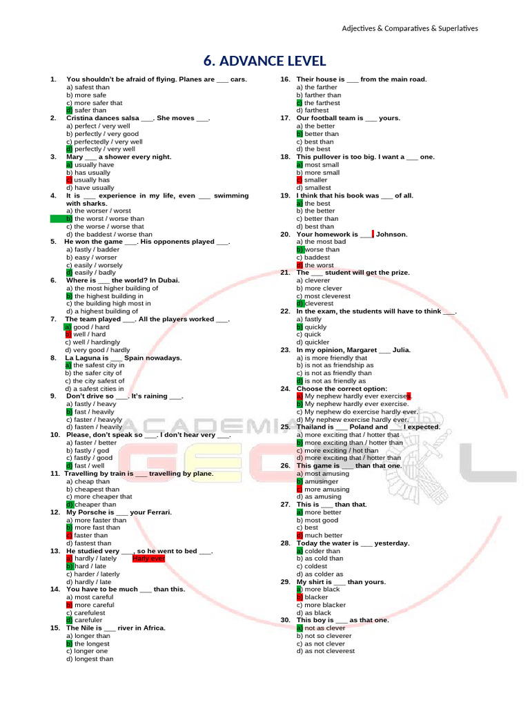 Advance Level - Adjectives & Comparatives & Superlatives | PDF