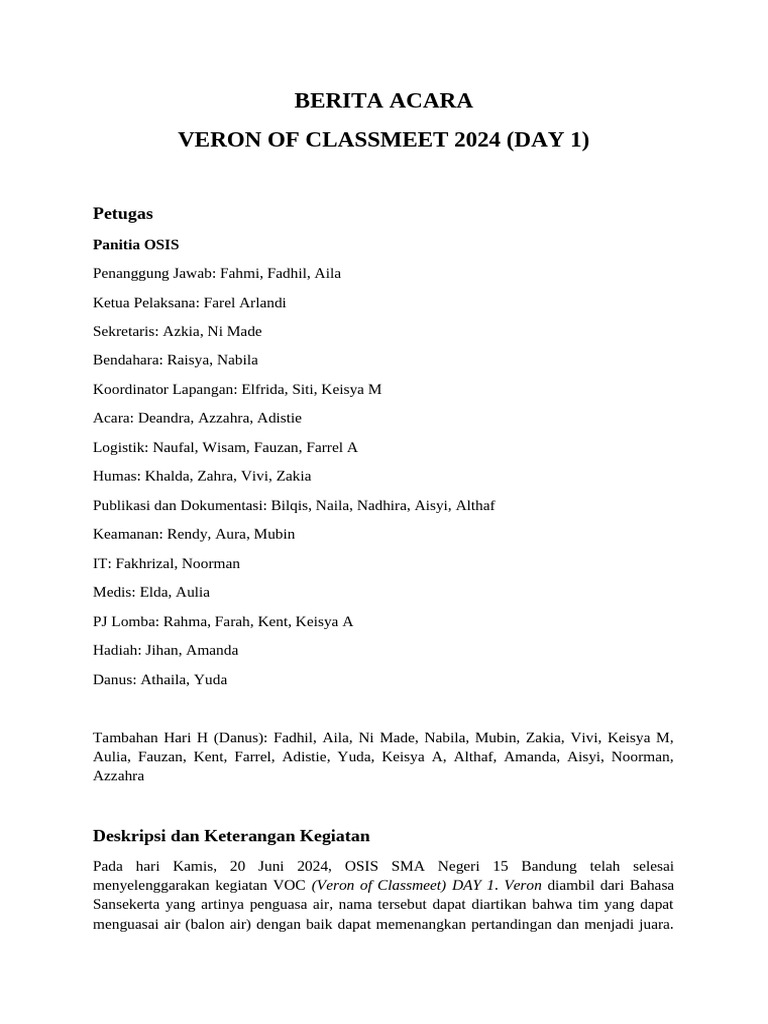 Berita Acara Veron of Classmeet 2024 (Nadhira) | PDF